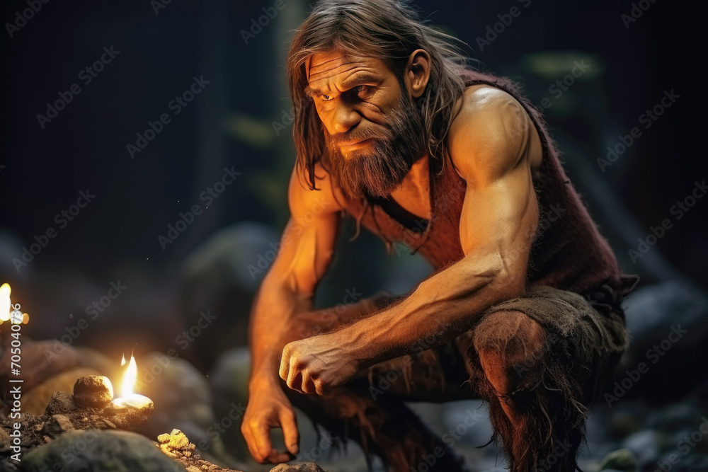Making a fire in a cave, Neanderthal, primitive man, homo sapiens ...