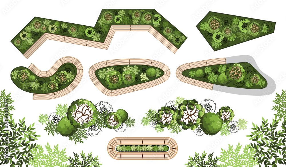 Top view elements for the landscape design plan. Trees and benches for ...