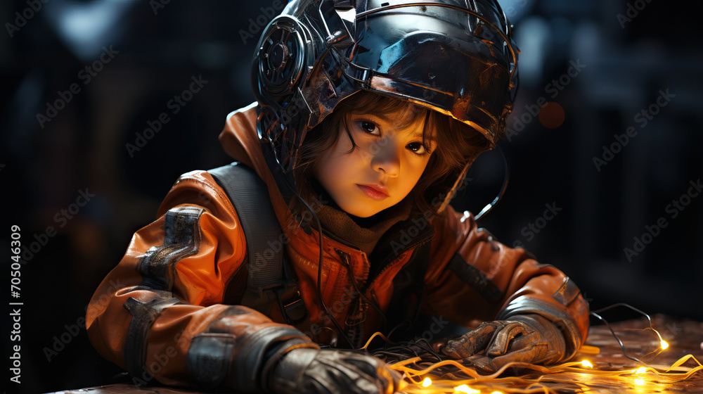 Young Techno-Wizard: Kid Welder and Fixer in the Future. Wearing a ...