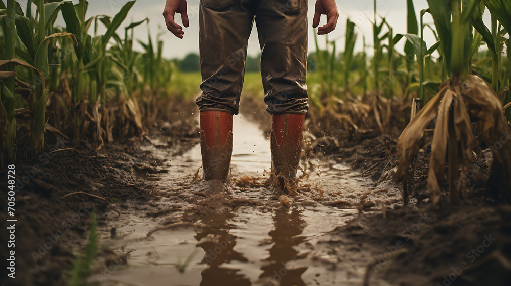 Farmer in wet field after rain in rubber boots and increasing crop ...