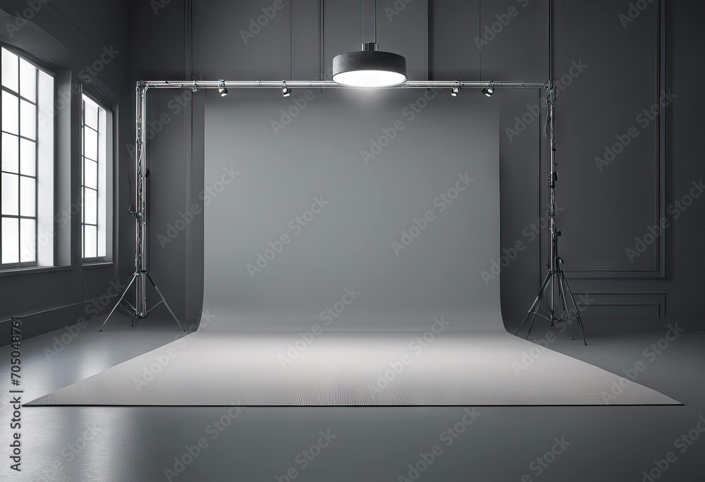 3D empty studio room show booth for designers with spotlight on gray ...