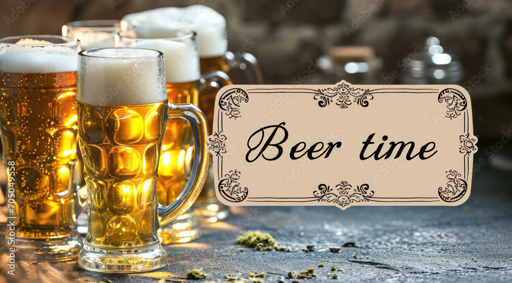 Festive beer time poster with a lettering that say "Beer Time" and full, frothy mugs and ...