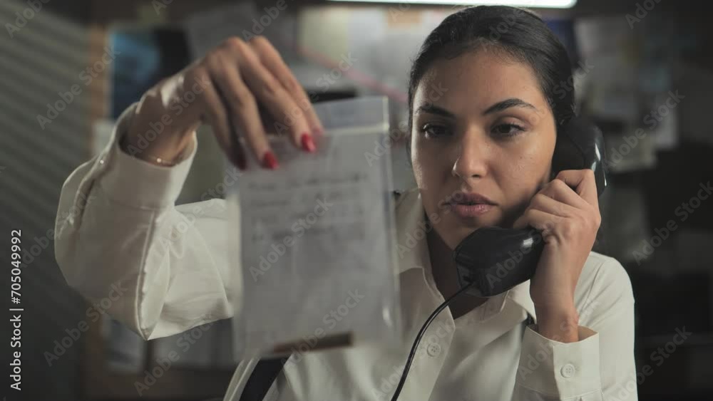 female detective in office picking up crime evidence slow motion,woman ...