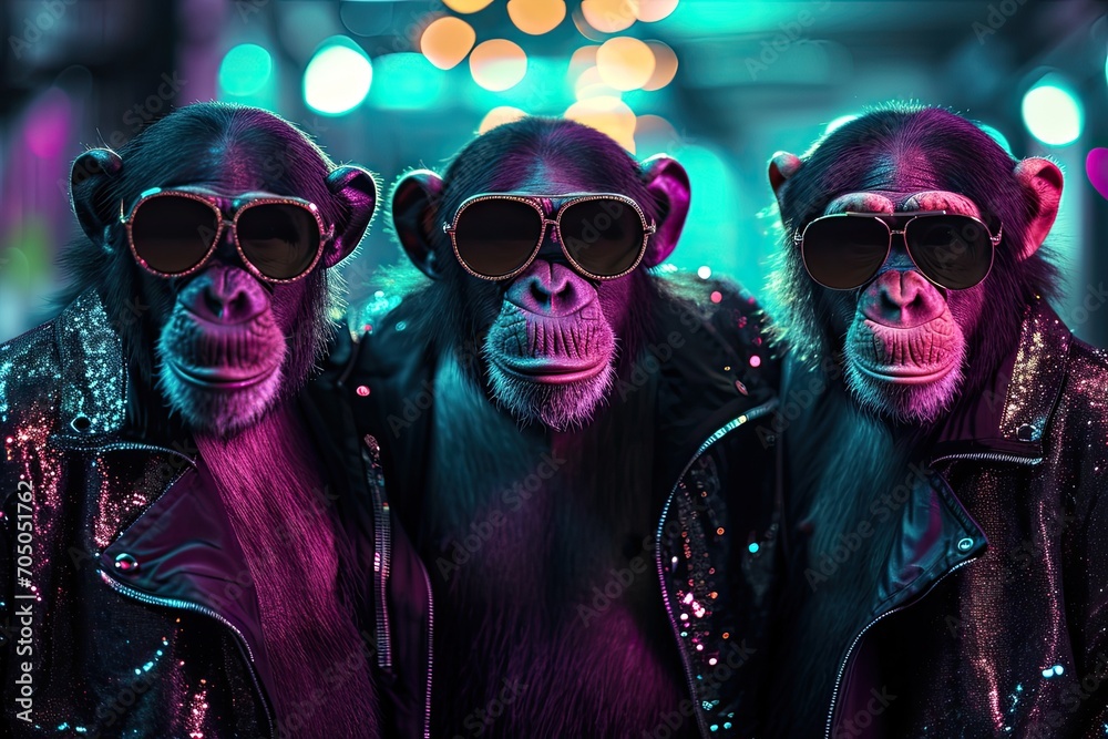 A vibrant group of primates donning stylish sunglasses and goggles ...