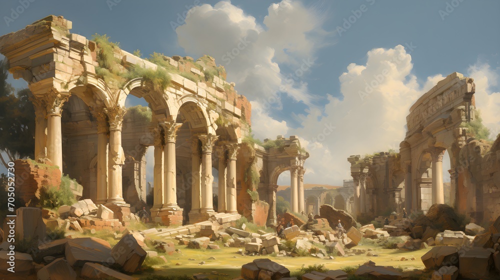 Ancient Greece, illustrations, ruins of the Colosseum, the Acropolis of ...