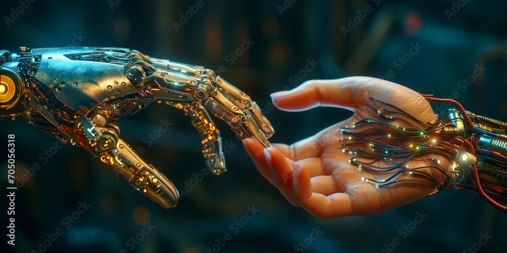 Robot and the man touch their fingers. Human Cyborghand hand ...
