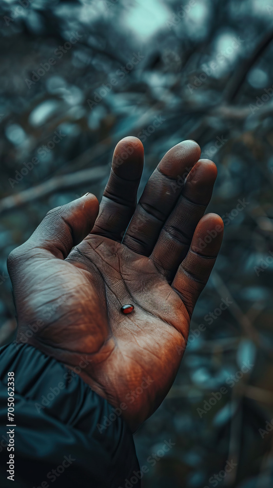 Dark-Skinned Hand Holding a Pill. In the Grasp of Care, Symbolizing the ...