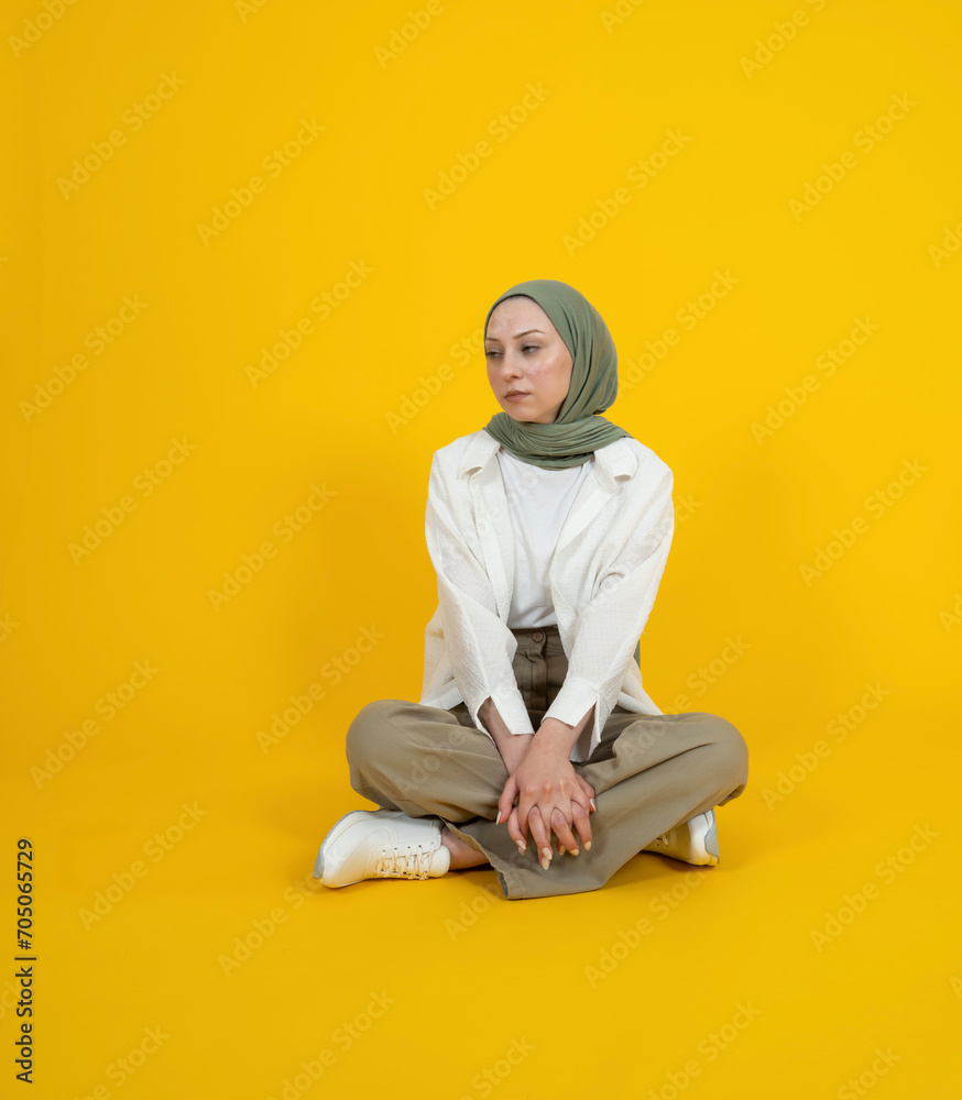 Thoughtful sad woman, full body portrait of thoughtful sad woman ...