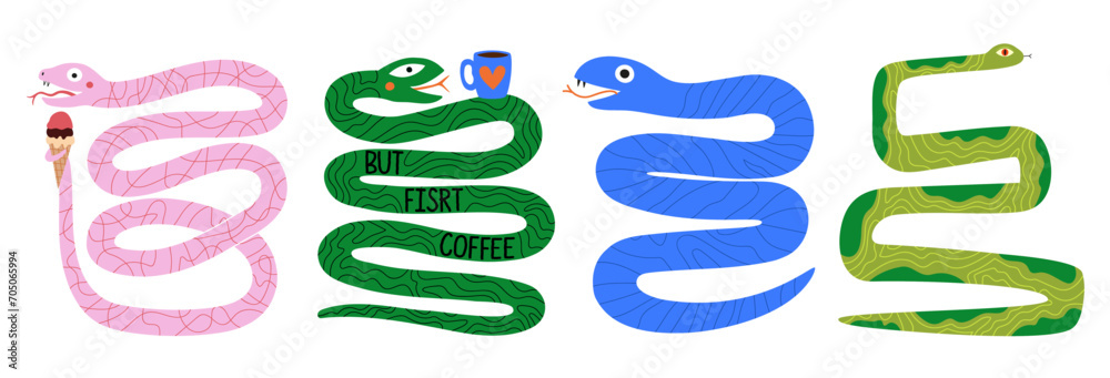 Vector illustration set with snakes, ice cream cone and coffee cup. But ...