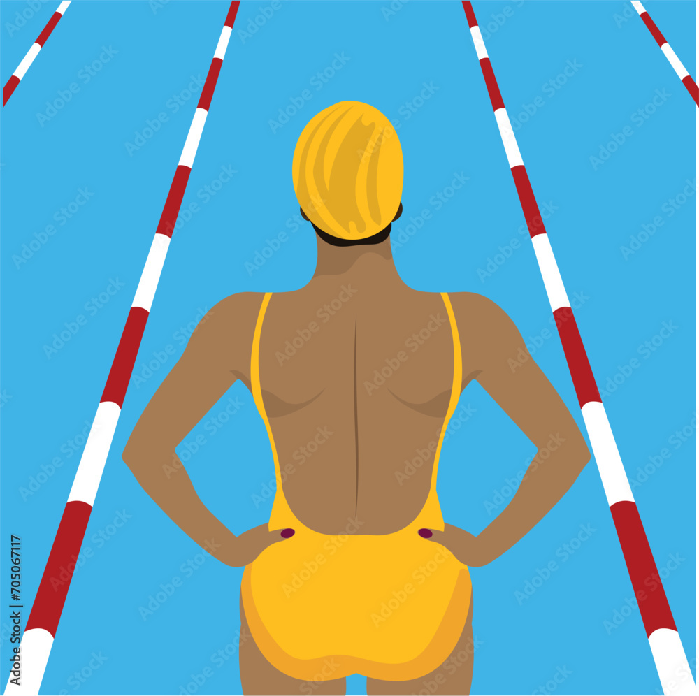 swimmer girl standing and preparing for race looking at the pool with ...
