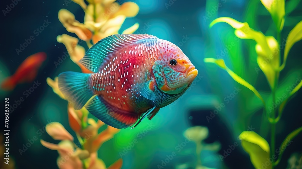 Flowerhorn Cichlid Colorful fish swimming in Aquarium deep blue ...