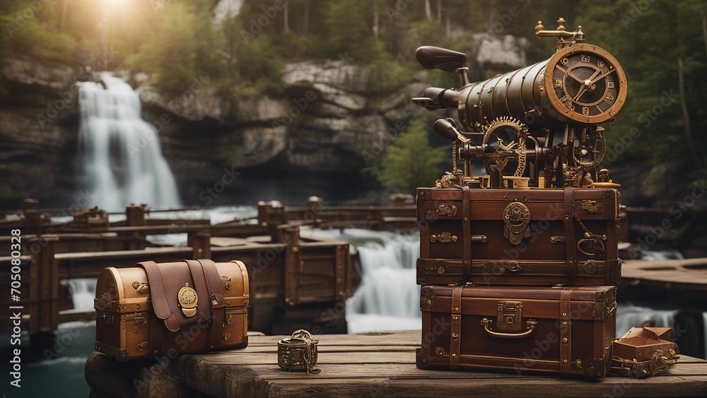 old steam engine Steam punk waterfall of adventure, with a landscape of ...