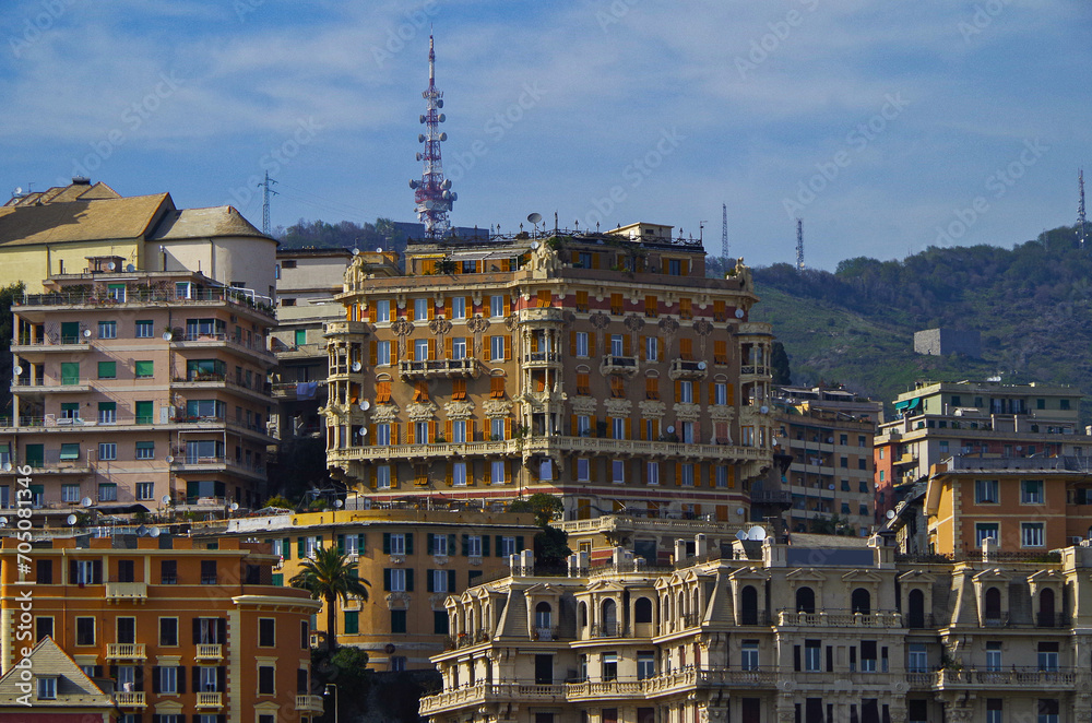 Romantic backstreet, side street or alley in historic old town of Genoa ...