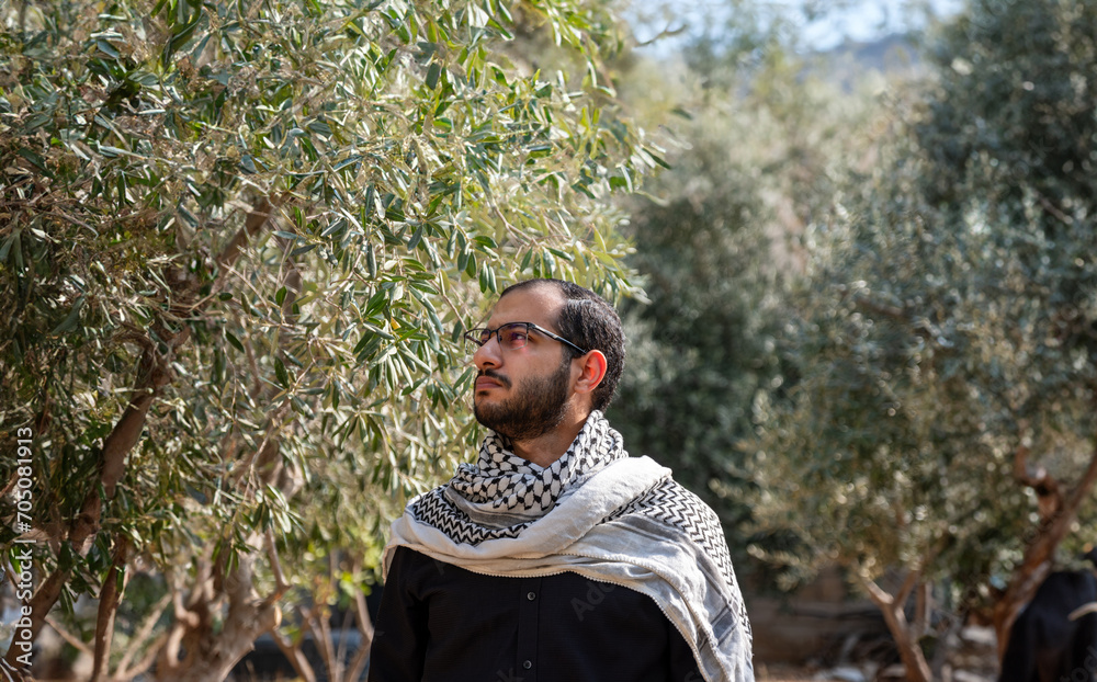 portrait for male wearing keffiyeh in olive tree field with black ...