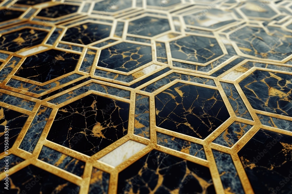 A stylish black and gold tiled floor with hexagons. Perfect for adding ...