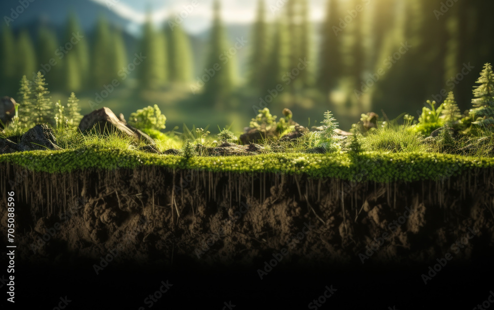 Cross-section of vibrant green grass growing on fertile soil, with a ...