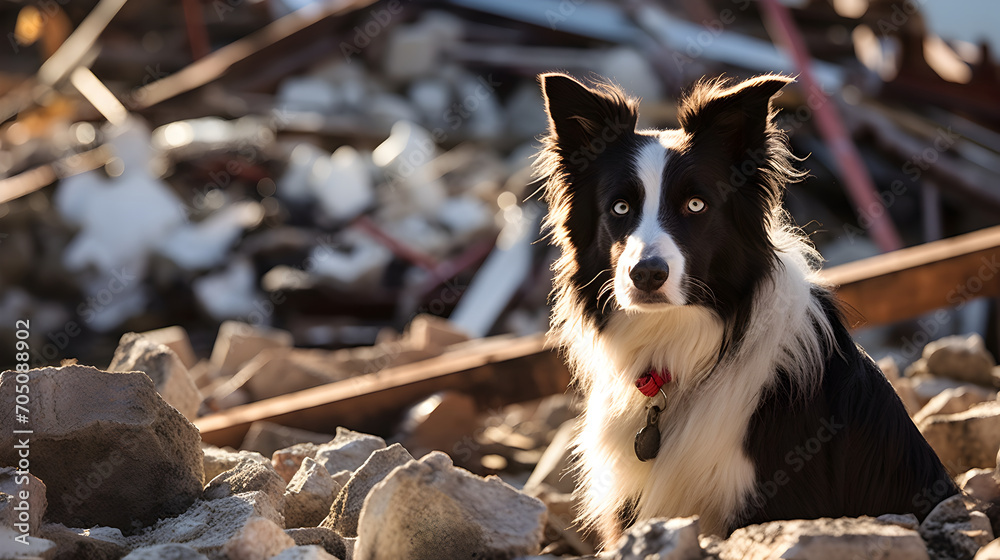 Disaster rescue border collie dog searches for rubble Stock Photo ...