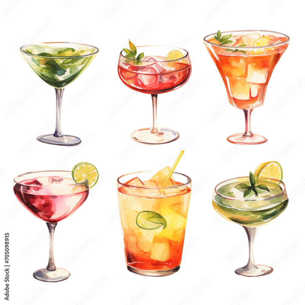 Many cocktails different glasses watercolor illustration png isolated ...