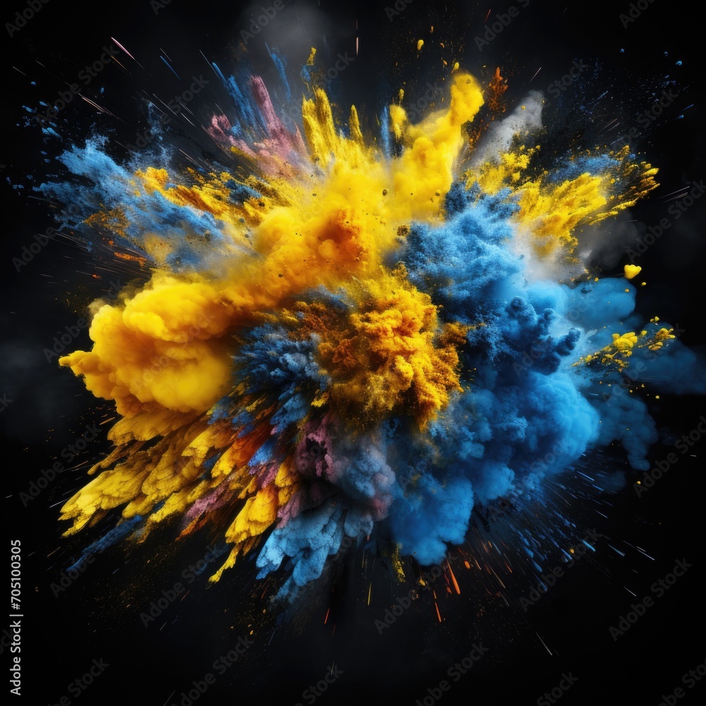 An explosion of blue and yellow gunpowder on a black background ...