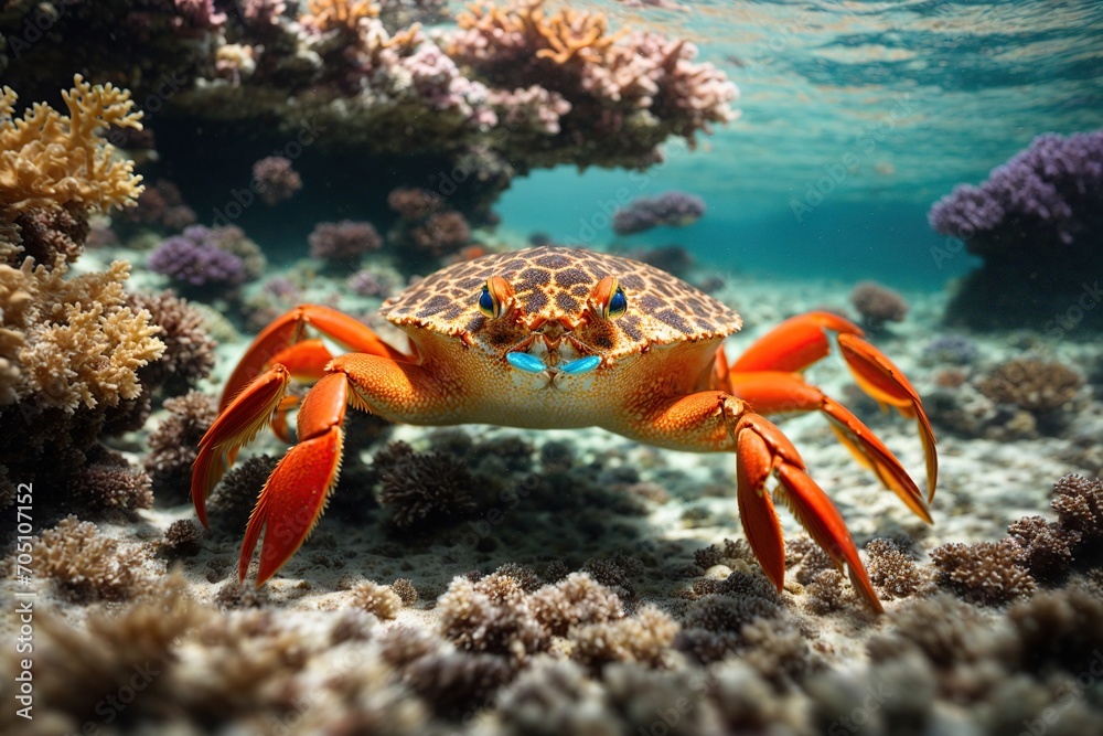 A curious crab can be seen peering out from behind a coral reef ...