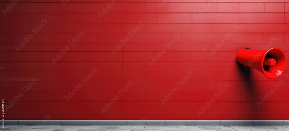 Public address system megaphone on red wall. Communication and ...
