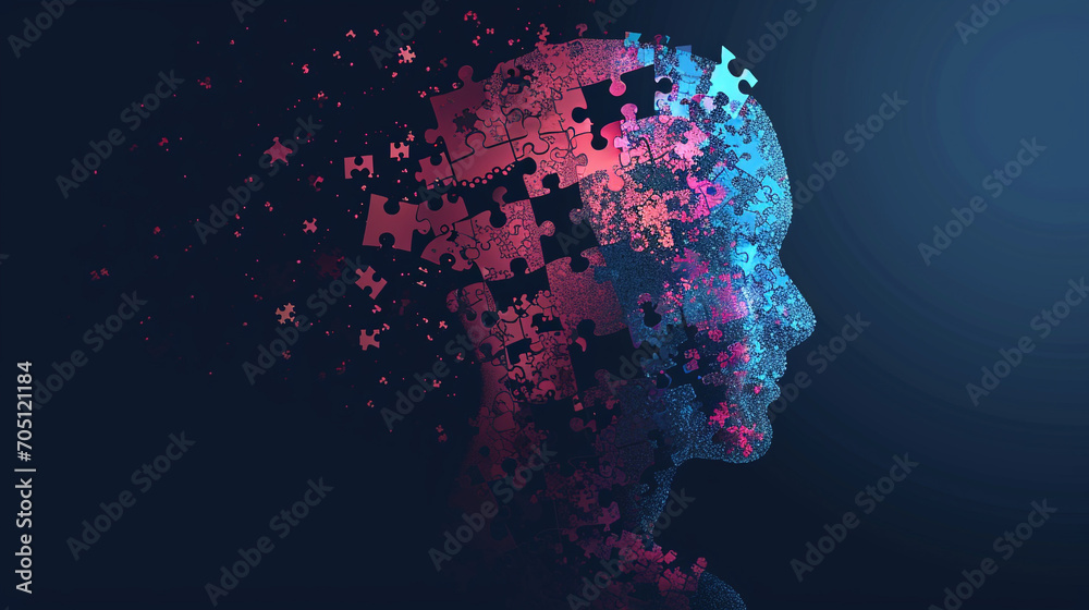 Human head profile and jigsaw puzzle, cognitive psychology or ...