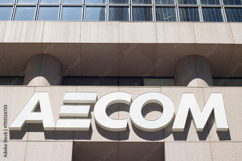 Los Angeles, CA, USA - May 11, 2022: Closeup of the AECOM sign seen at ...