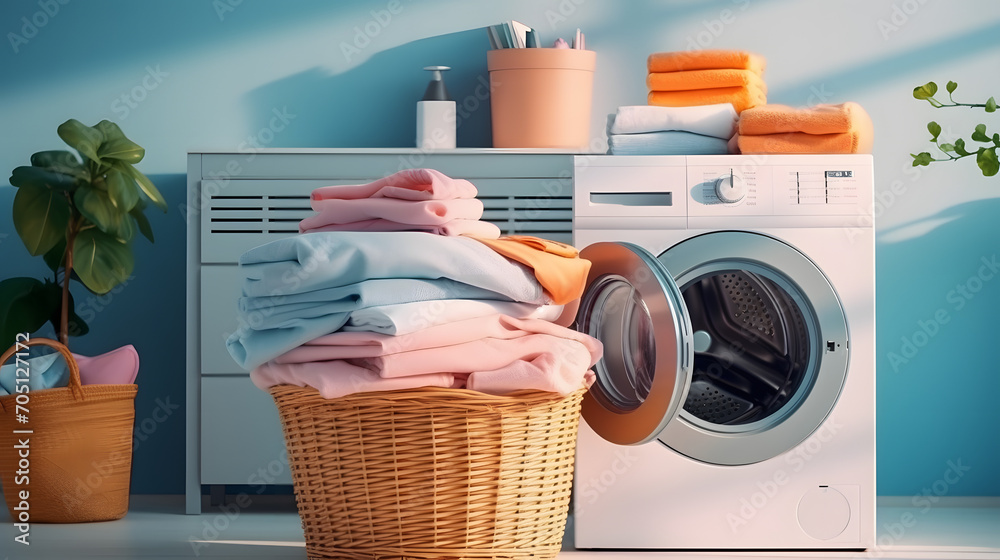 A laundry room with a washing machine and a stack of clothes in white ...