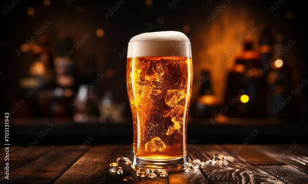 Refreshing cold draft beer in a tall glass with a frothy head, golden ...