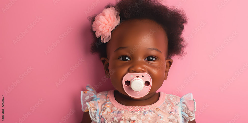 Smiling african baby girl with pacifier portrait on flat pink ...