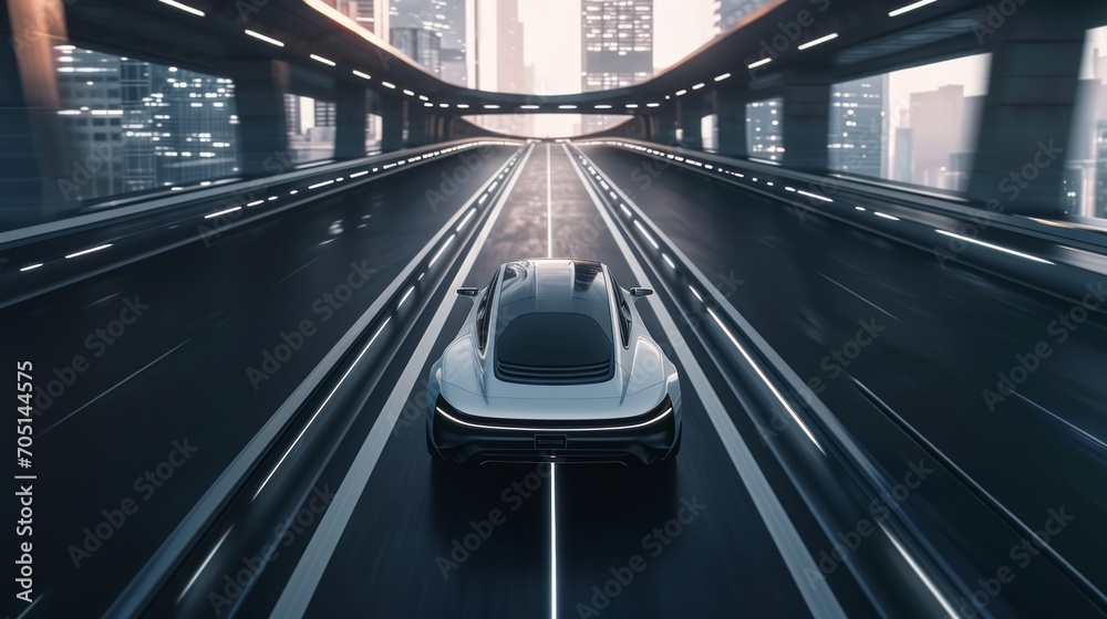 Futuristic car, sleek and minimalistic design. Positioned in a modern ...