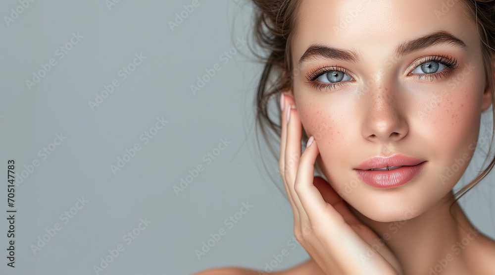 Close up portrait young beautiful woman touch her perfect smooth skin ...