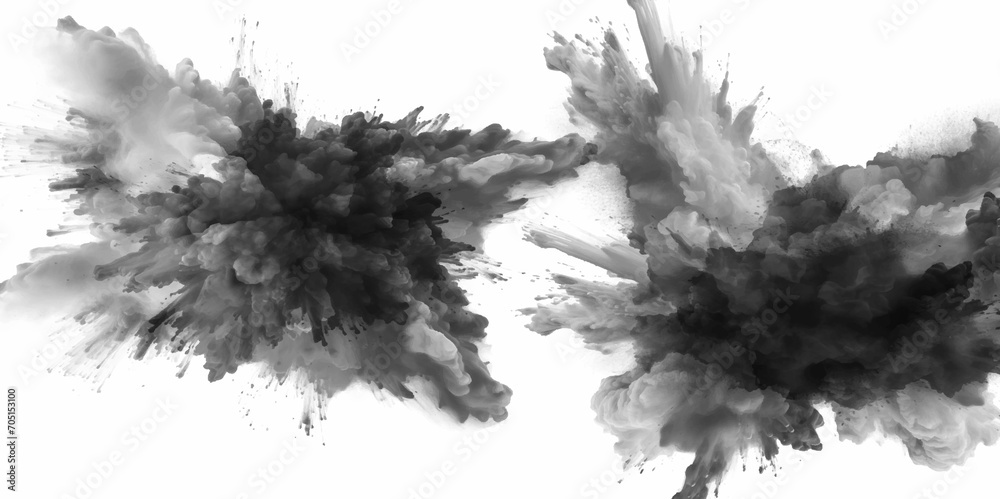 Black powder explosion with dark colors isolated white background ...