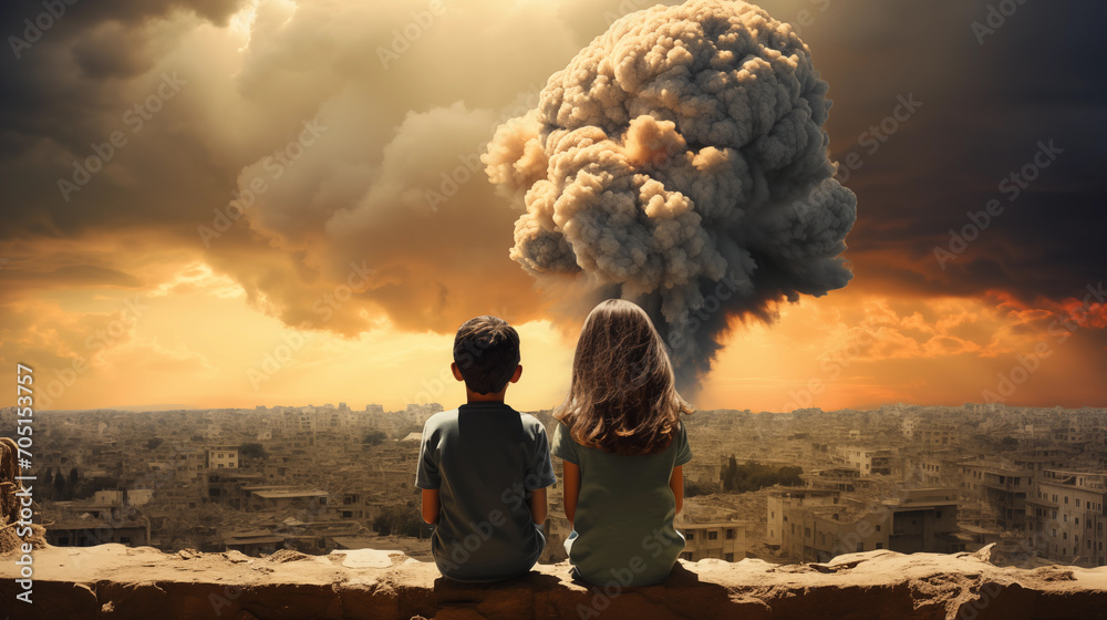 Victims of war, innocent children looking at a nuclear explosion in a ...