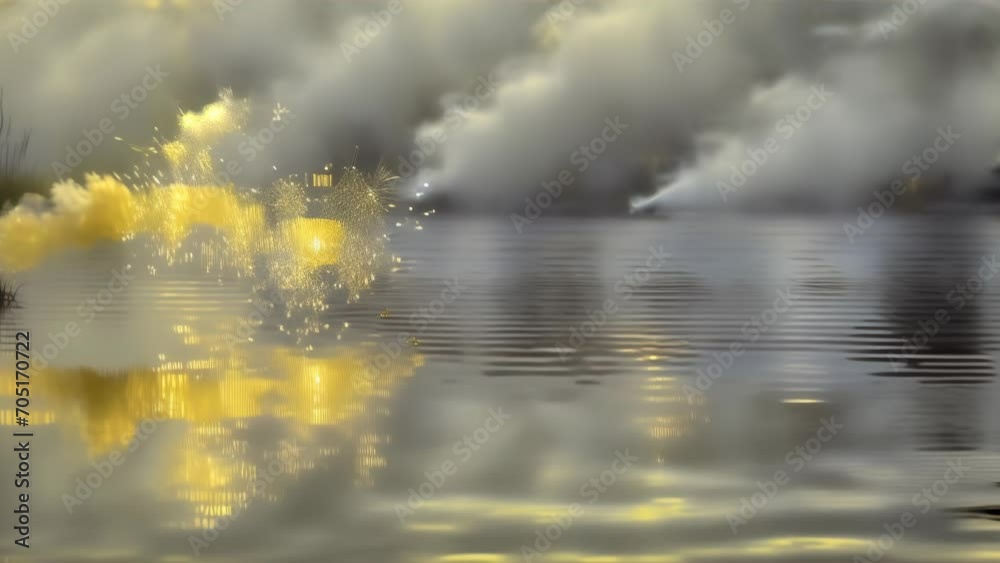 A single particle of spark floats on the water surface, emitting yellow ...