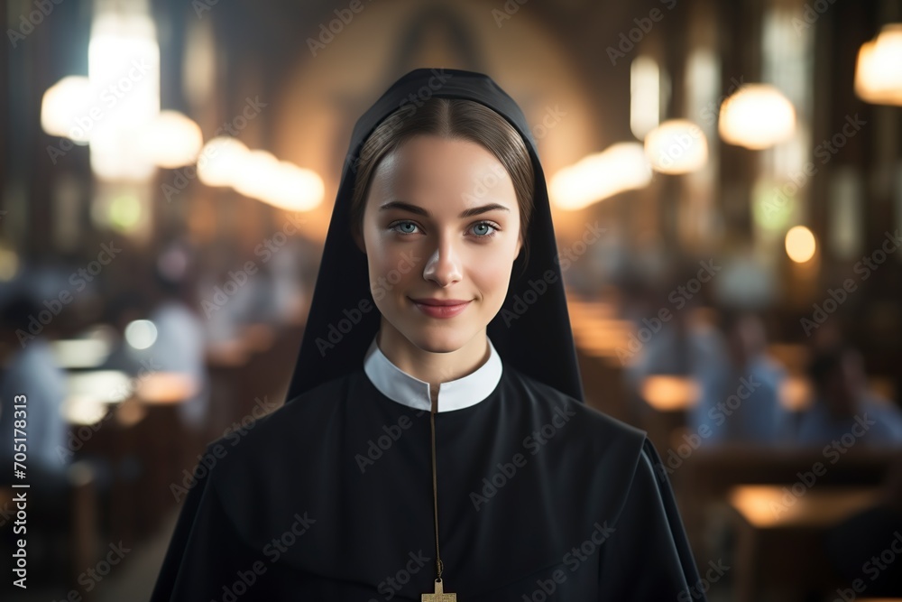 young catholic nun standing in the church posing in front of a camera ...