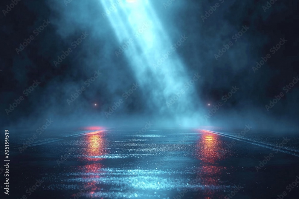 Rain-soaked asphalt reflects city lights and a piercing searchlight ...