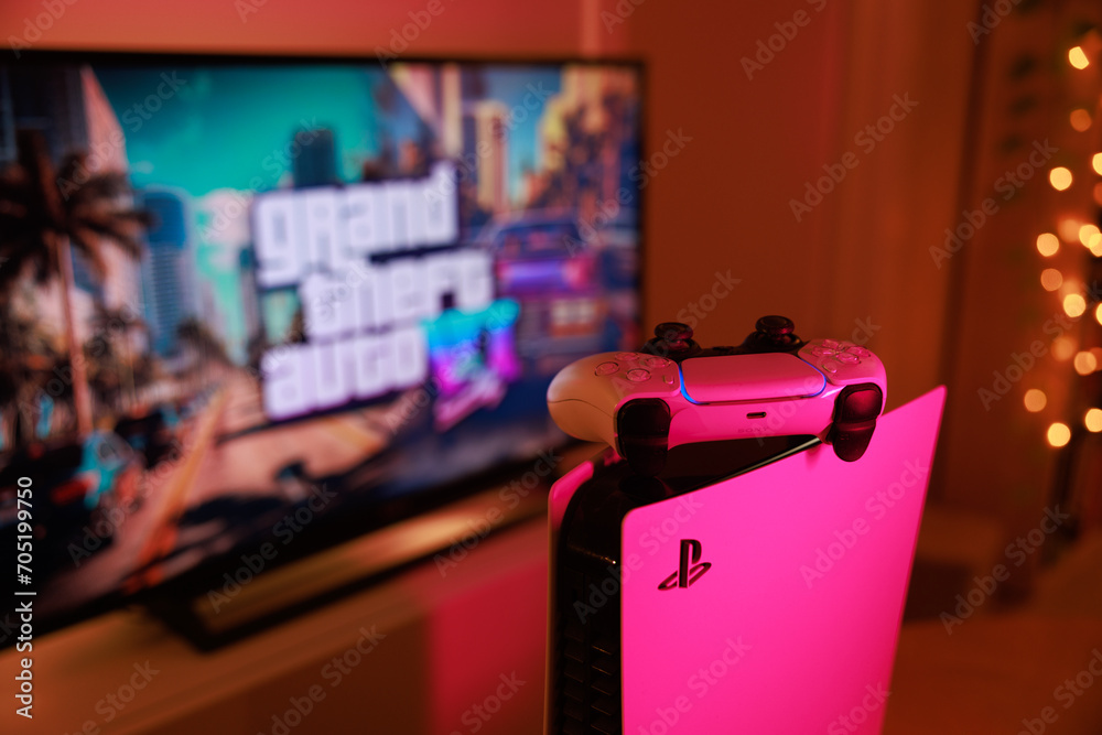 GTA 6 for PlayStation 5. Sony PS5 console. Dualsense controller. Man ...