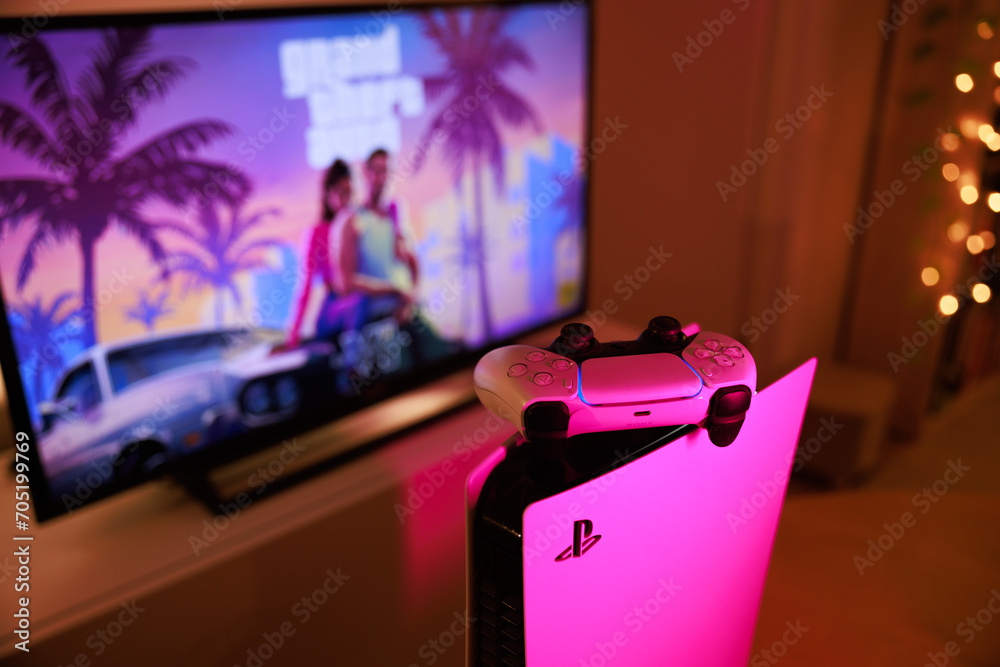 GTA 6 for PlayStation 5. Sony PS5 console. Dualsense controller. Man ...