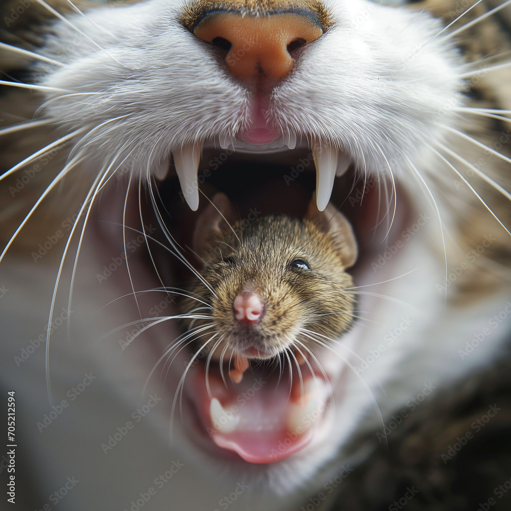 Katze mit Maus im geöffneten Maul Nahaufnahme als Poster, ai generativ ...