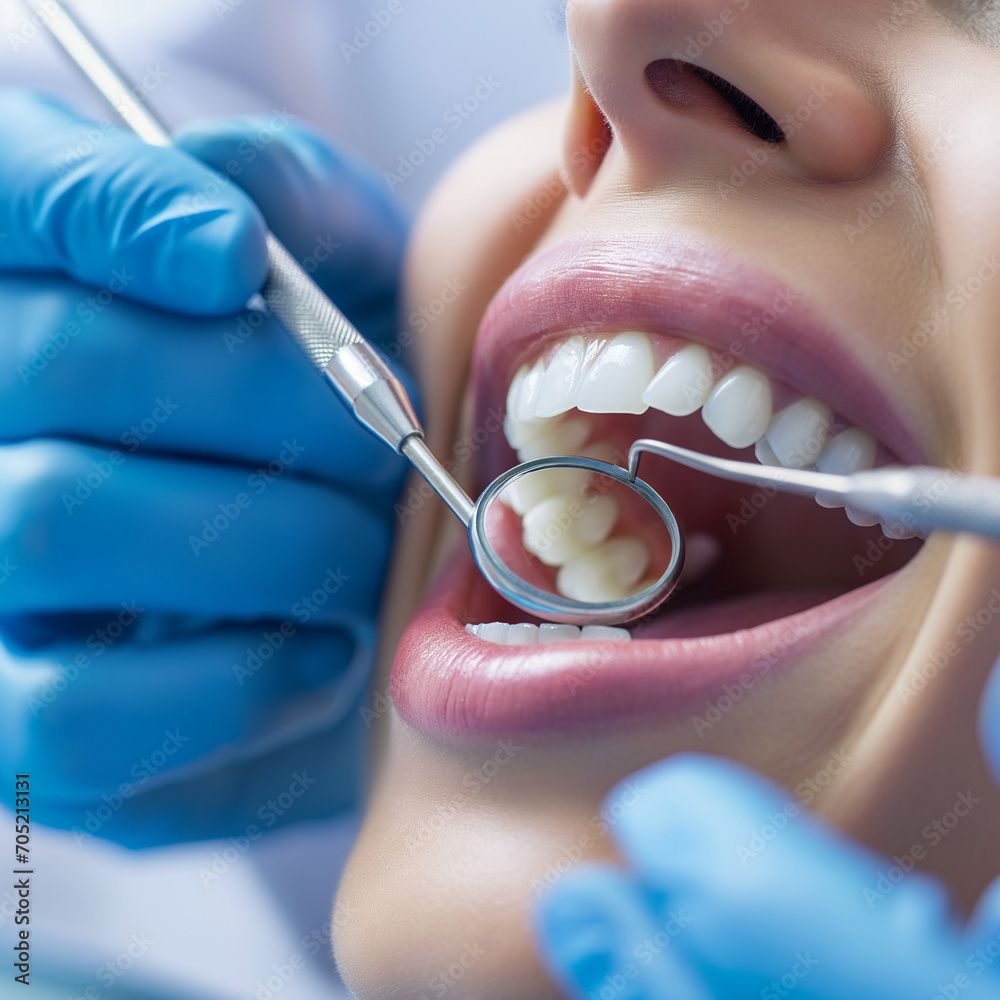 Frau beim Zahnarzt mit geöffnten Mund bei der Untersuchung mit Händen und Instrumenten im Mund ...