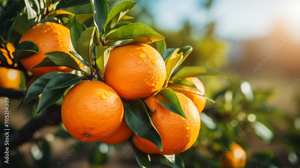 Ripe oranges, tangerines growing on a citrus branch with green leaves ...