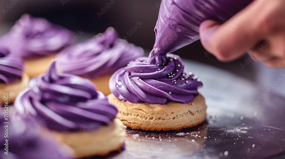 Pastry chef decorates biscuit with purple cream from pastry bag, close ...