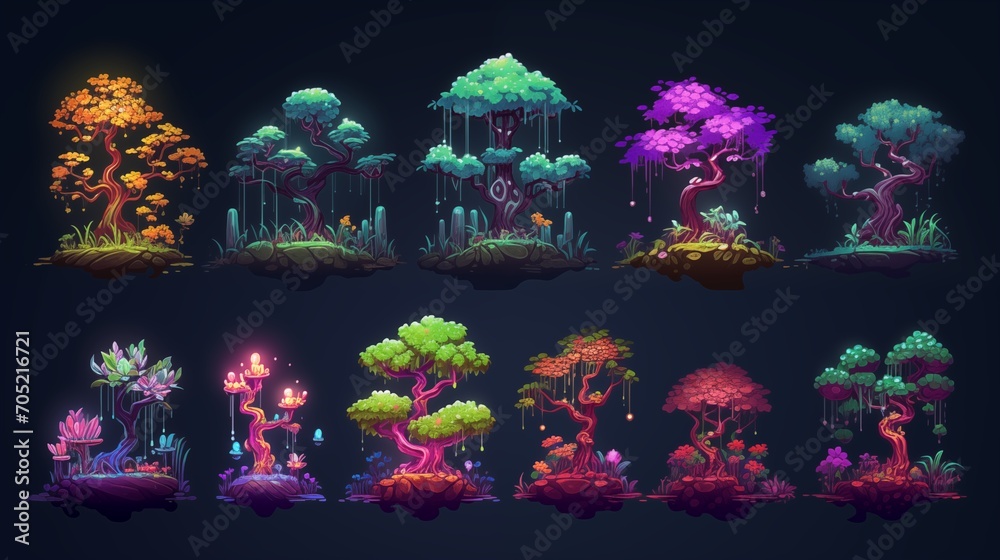 Set of cartoon magic, sci-fi trees. Colorful trees for game. Pixel art ...