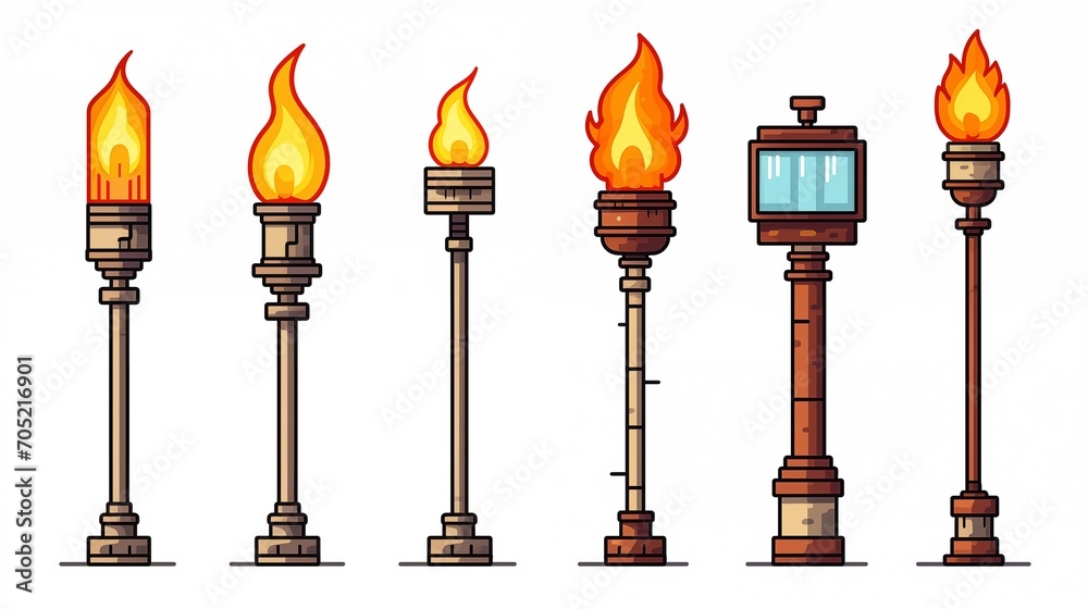 Set of cartoon torch with fire. Colorful torch with fire for game ...