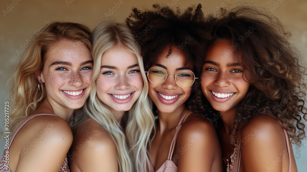 Group of happy girls hugging each other to show the different skins of ...