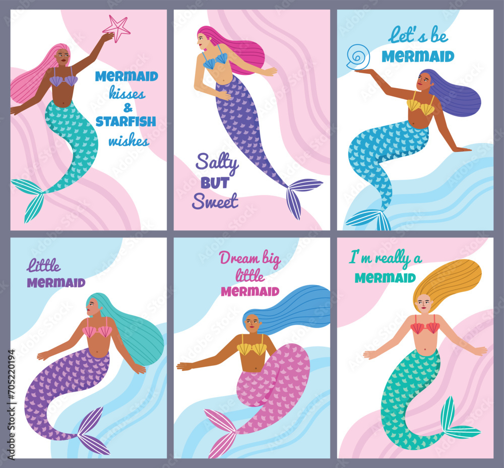 Beautiful mythical mermaids. Female bodies, fish tails, fabulous marine ...