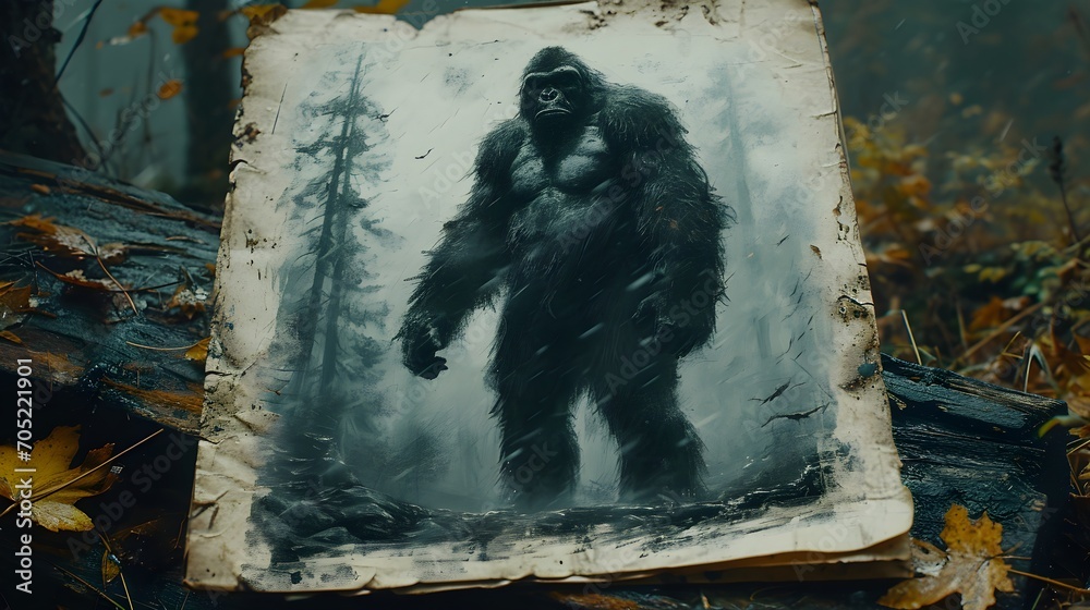 Photograph of Mysterious Bigfoot Creature Looming in a Shadowy, Mist ...