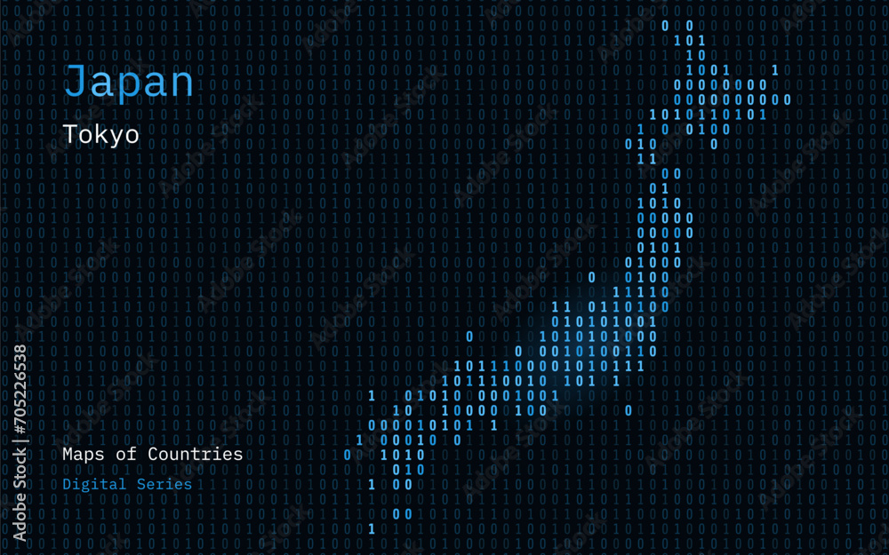 Japan Map Shown in Binary Code Pattern. TSMC. Blue Matrix numbers, zero ...
