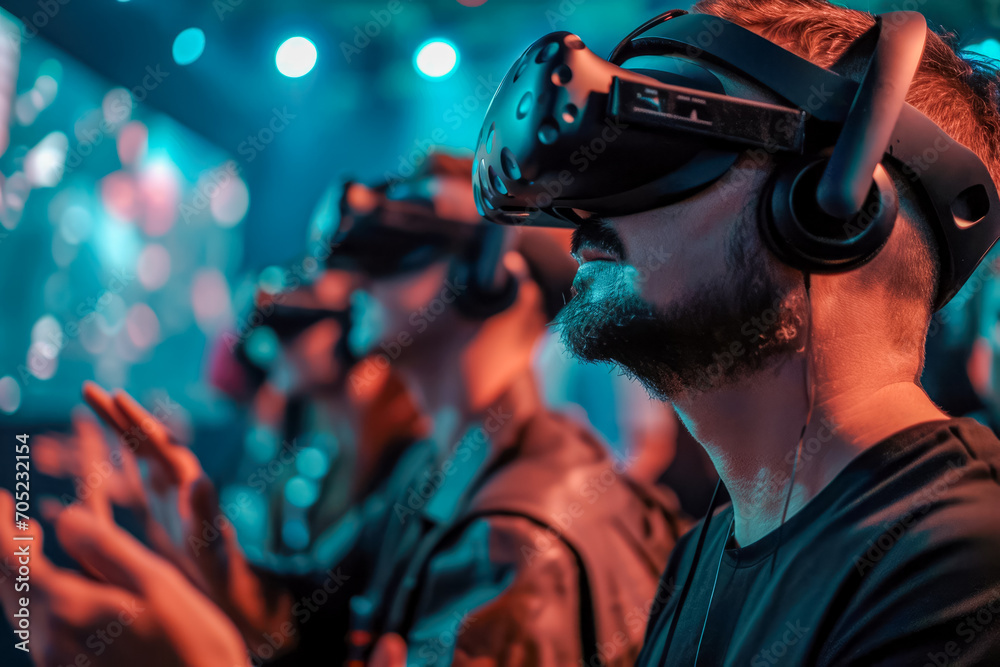 group of people playing a multiplayer game in VR with avatars and ...